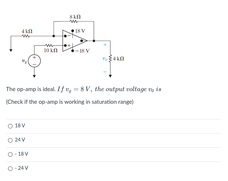 Solved The op-amp is ideal. If vg=8V, ﻿the output voltage v0 | Chegg.com