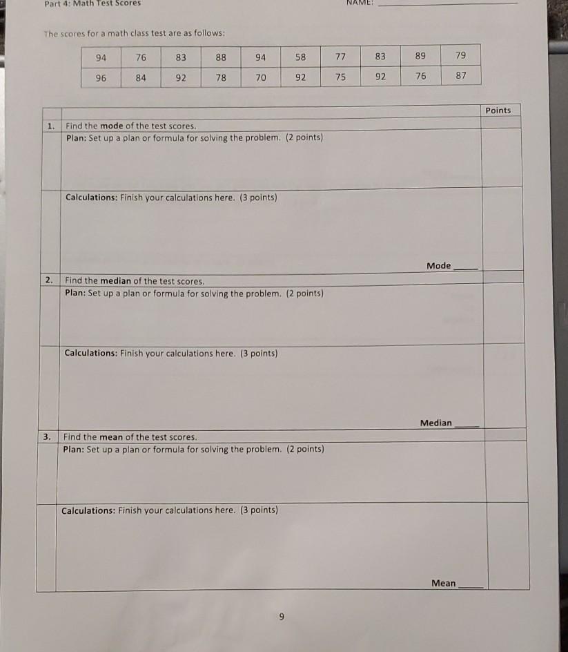 Solved Part 4: Math Test Scores NAME: The scores for a math | Chegg.com