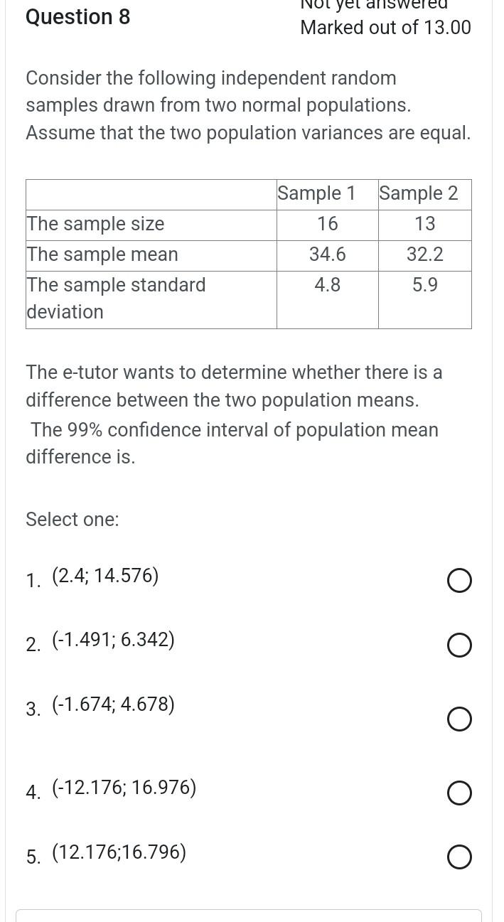 Solved Consider the following independent random samples | Chegg.com
