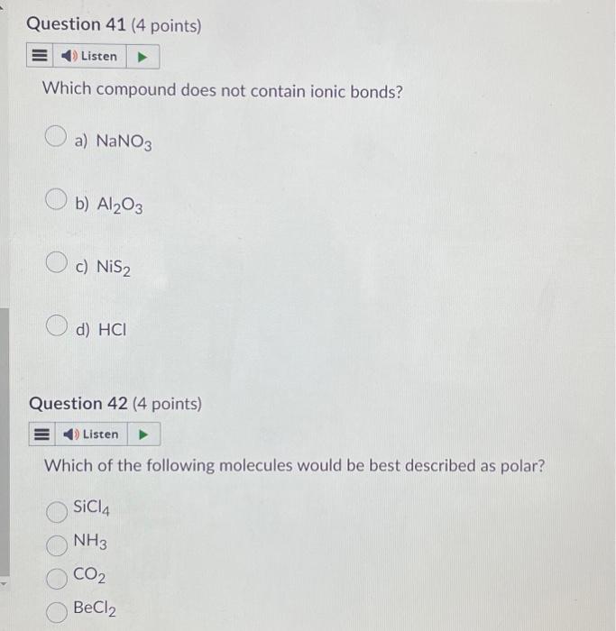 Solved Which compound does not contain ionic bonds? a) NaNO3 | Chegg.com