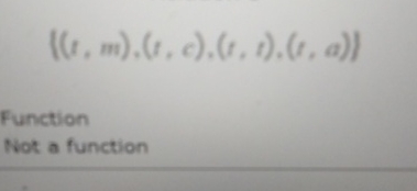 Solved {(t,m),(t,c),(t,t),(t,a)}FunctionNot a function | Chegg.com