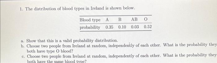 Solved 1. The distribution of blood types in Ireland is | Chegg.com