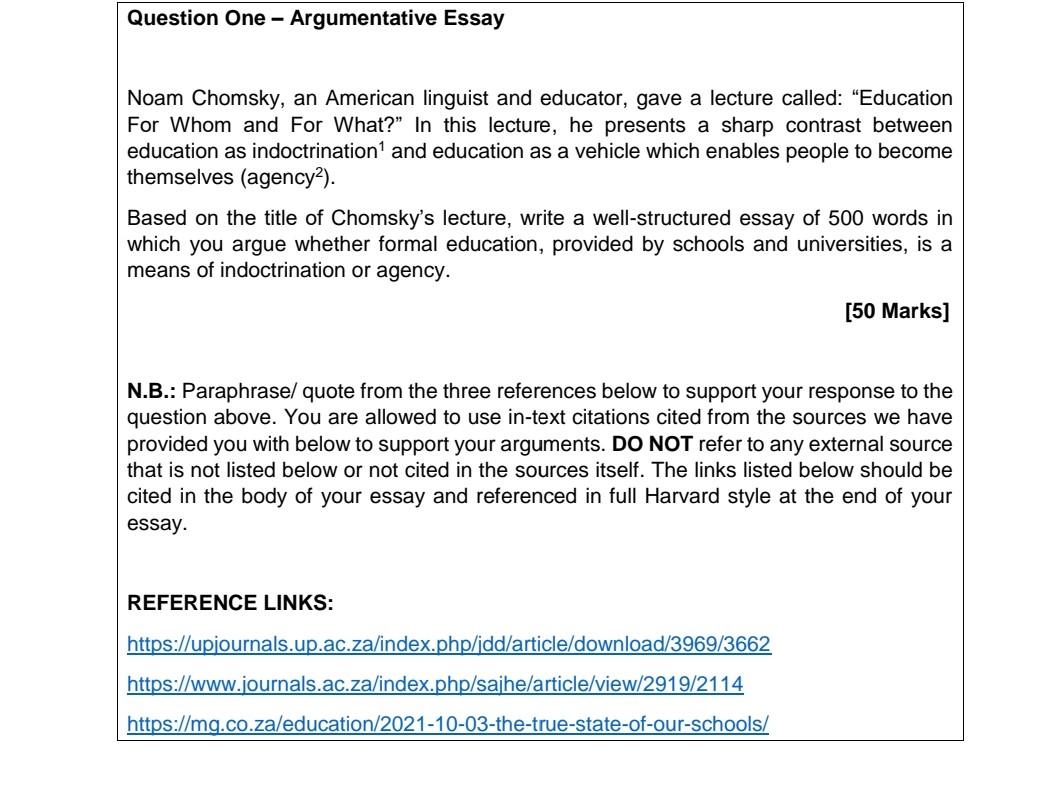 Question One - Argumentative Essay Noam Chomsky, an | Chegg.com