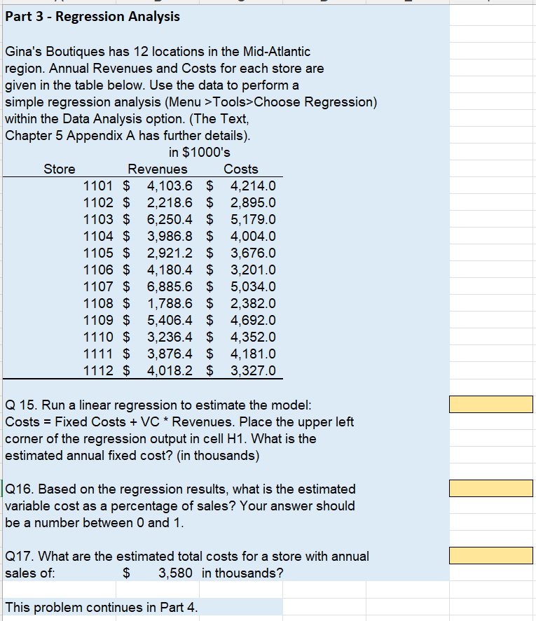 Solved Part 3 - ﻿Regression AnalysisGina's Boutiques has 12 | Chegg.com