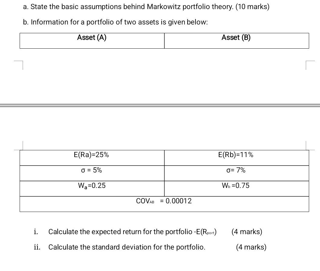 Solved a. State the basic assumptions behind Markowitz | Chegg.com