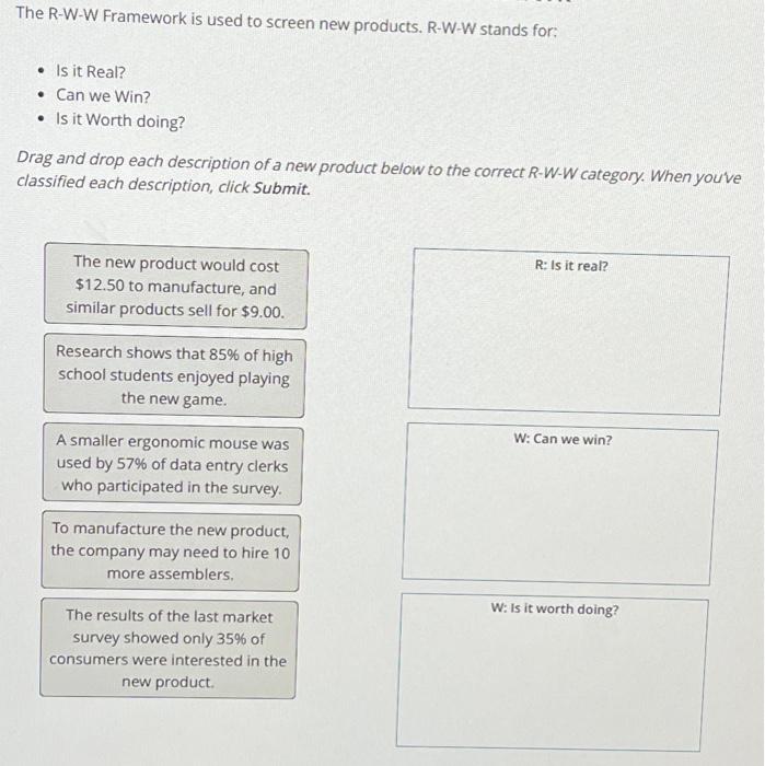The R-W-W Framework is used to screen new products. | Chegg.com