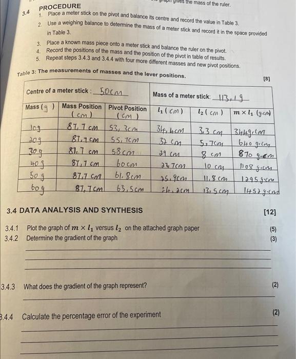 Solved 3.4 PROCEDURE 1. Place a meter stick on the pivot and | Chegg.com