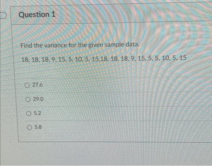 Solved Find the variance for the given sample data. | Chegg.com