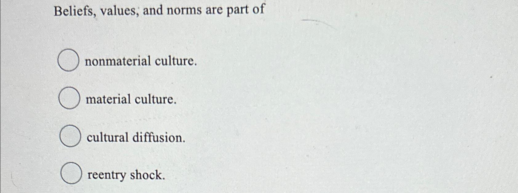 Solved Beliefs, values, and norms are part ofnonmaterial | Chegg.com