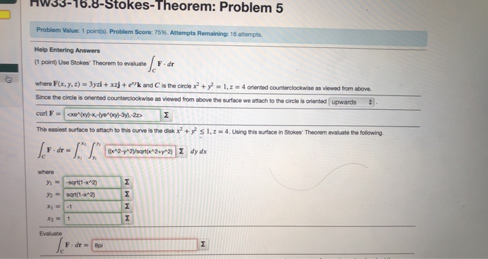 Solved HW33-16.8-Stokes-Theorem: Problem 5 Problem Value: 1 | Chegg.com