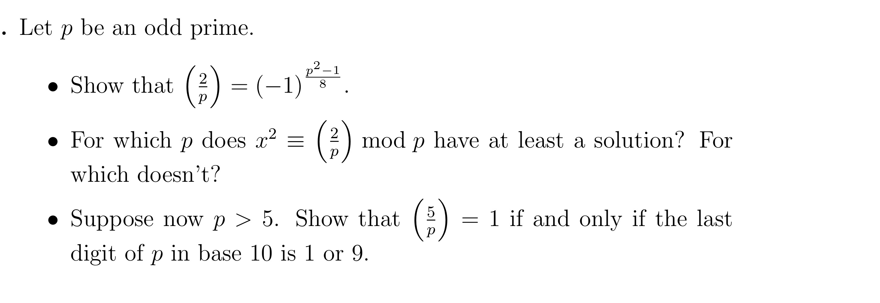 Solved Let p be an odd prime.Show that (2p)=(-1)p2-18.For | Chegg.com Solved Let p be an odd prime.Show that (2p)=(-1)p2-18.For | Chegg.com