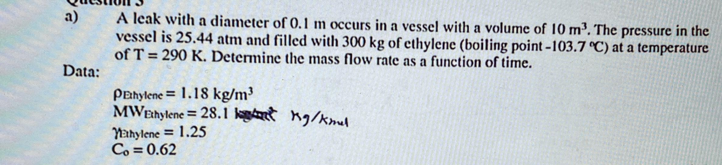 a) ﻿A leak with a diameter of 0.1m ﻿occurs in a | Chegg.com