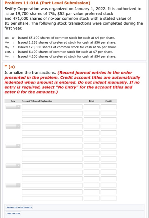 Solved Problem 11-01A (Part Level Submission) Swifty | Chegg.com