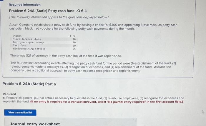 Solved Problem 6-24A (Static) Petty cash fund LO 6-4 [The | Chegg.com