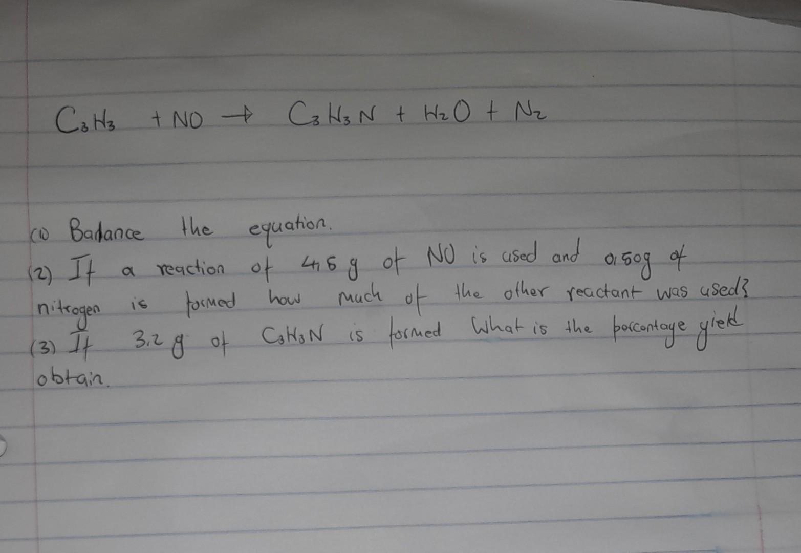 Solved C3H3+NO→C3H3 N+H2O+N2 (1) Badance the equation. (2) | Chegg.com