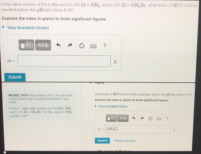 Solved If the same volume of the buffer were 0.260M in NH3 | Chegg.com