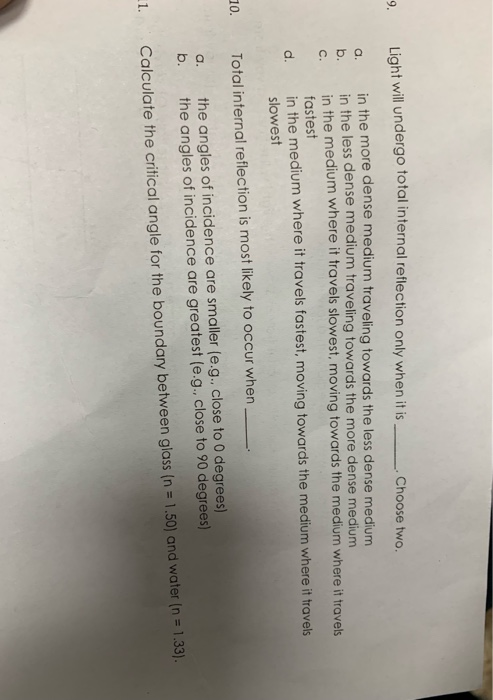 Solved Refraction and Total Internal Reflection Workshe | Chegg.com