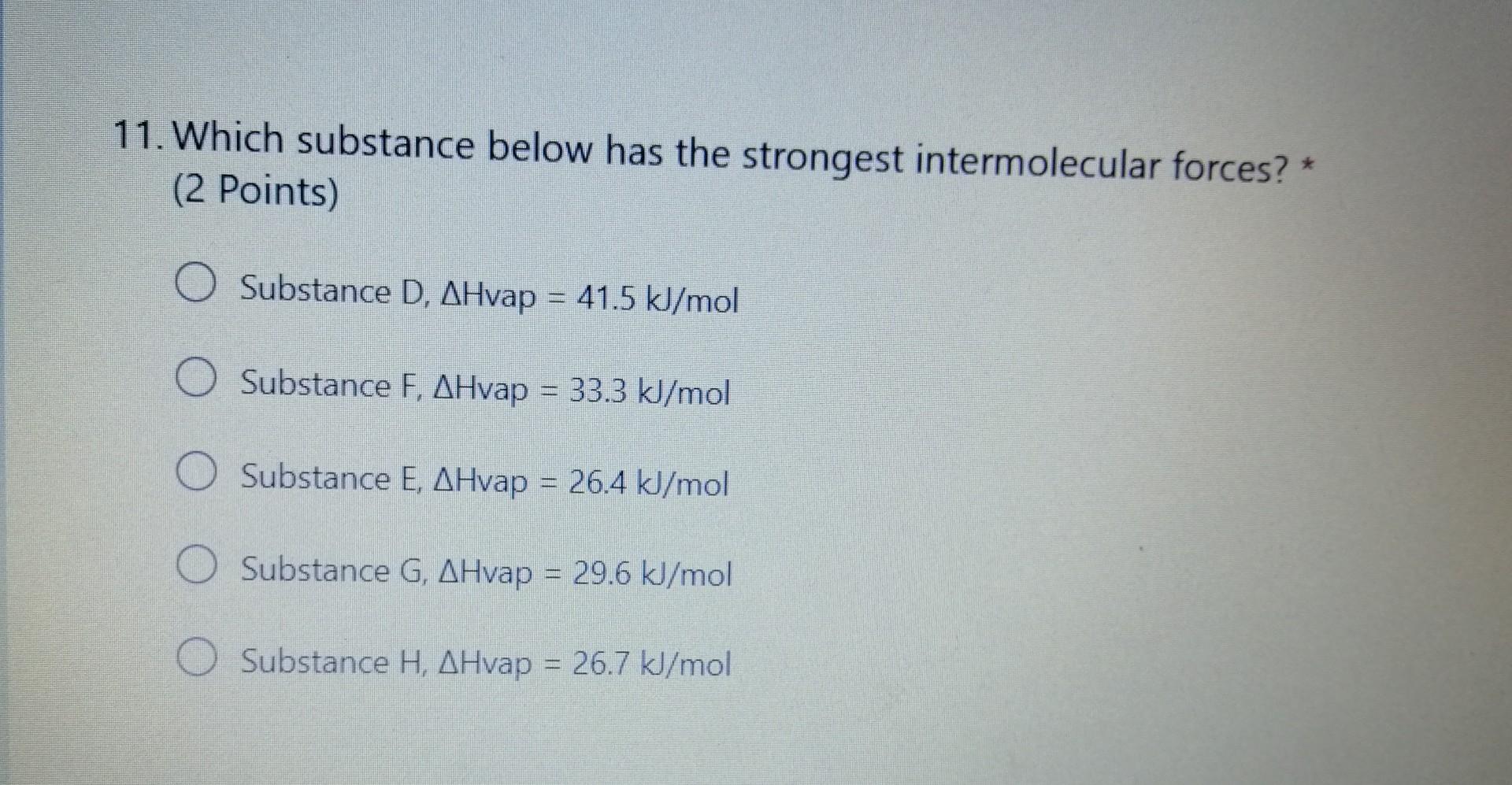 Solved 11. Which substance below has the strongest | Chegg.com