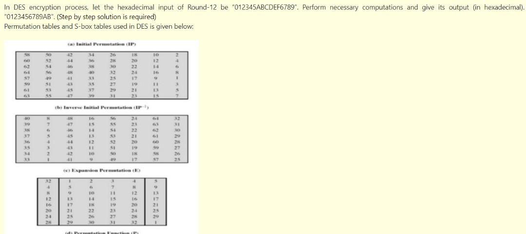Solved In Des Encryption Process Let The Hexadecimal Input 