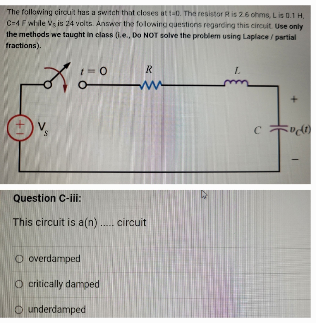 Solved The following circuit has a switch that closes at | Chegg.com