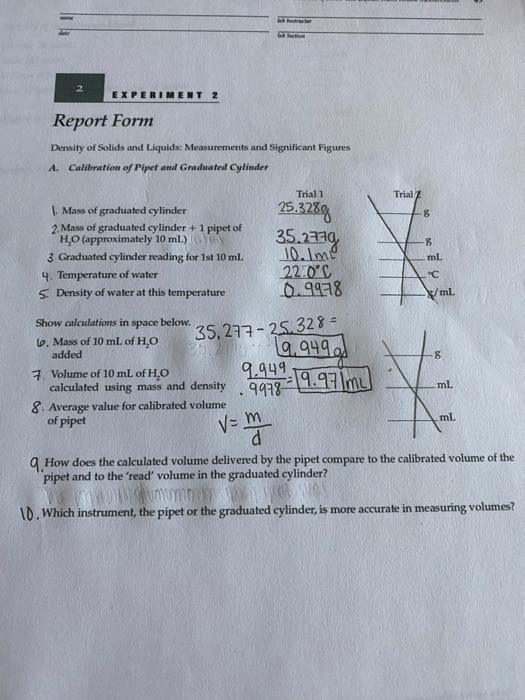 Solved EXPERIMENT 2 Report Form Density of Solids and | Chegg.com