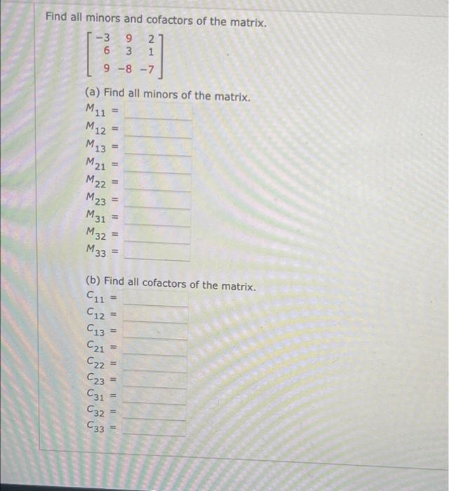 Solved Find all minors and cofactors of the matrix. | Chegg.com