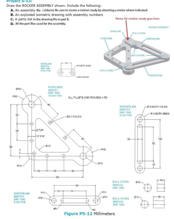 Solved Project 5-12: Draw the ROCKER ASSEMBLY shown. Include | Chegg.com
