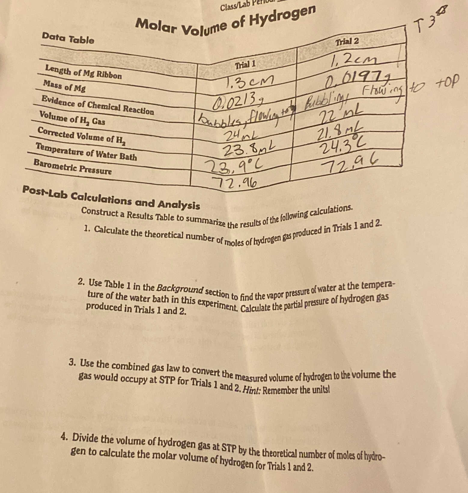Solved Molar Volume of HydrogenData TableT38toPPost-Lab | Chegg.com