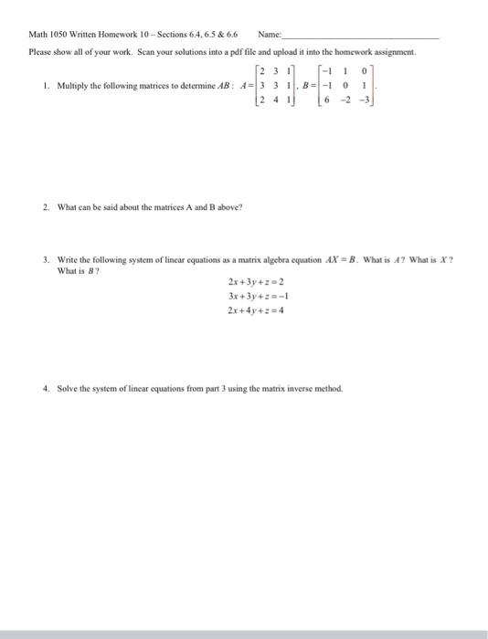 Solved Name: Math 1050 Written Homework 10 - Sections | Chegg.com