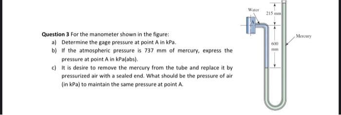 Solved Question 3 For the manometer shown in the figure: a) | Chegg.com