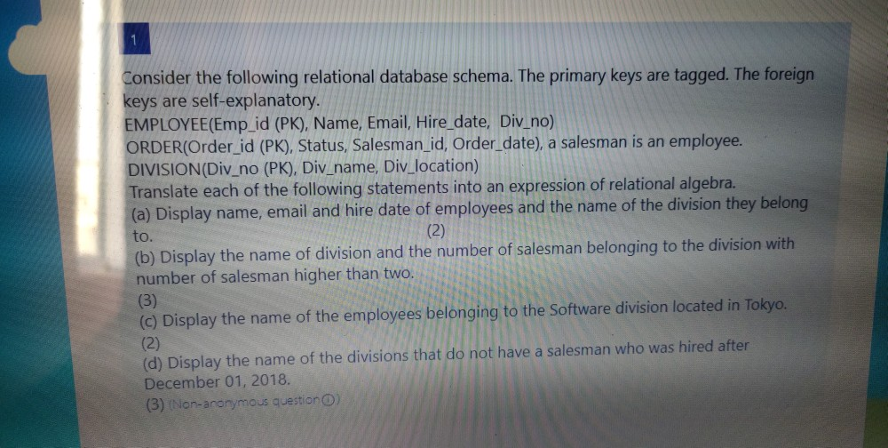 Solved 1 Consider the following relational database schema. | Chegg.com
