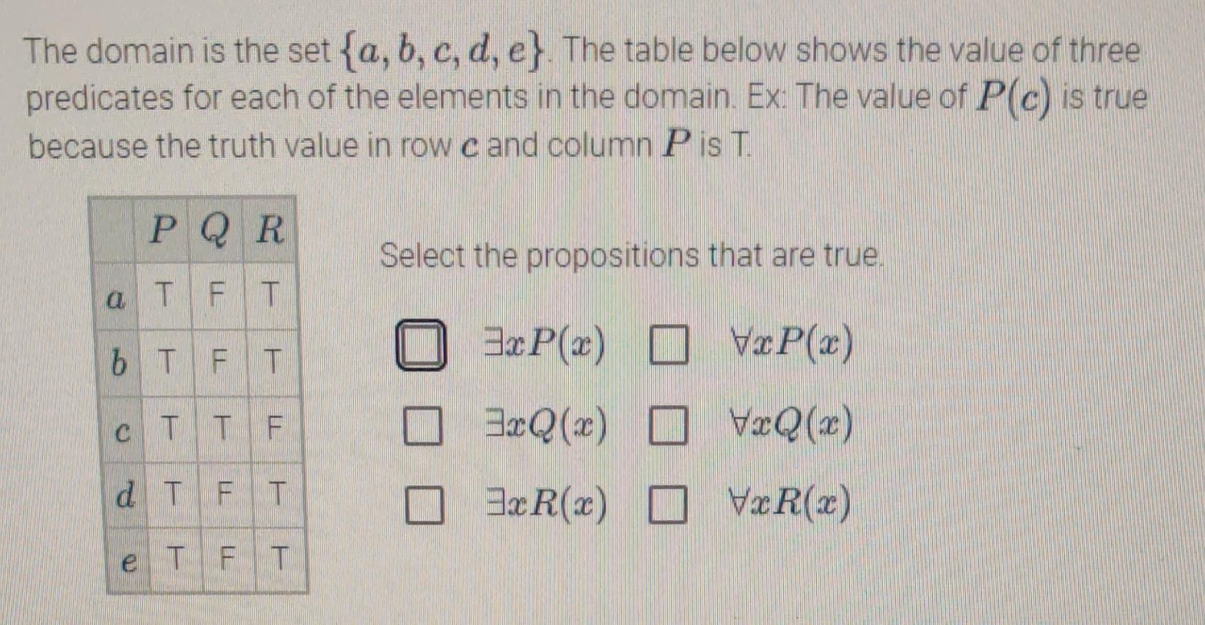 Solved The domain is the set {a,b,c,d,e}. The table below | Chegg.com