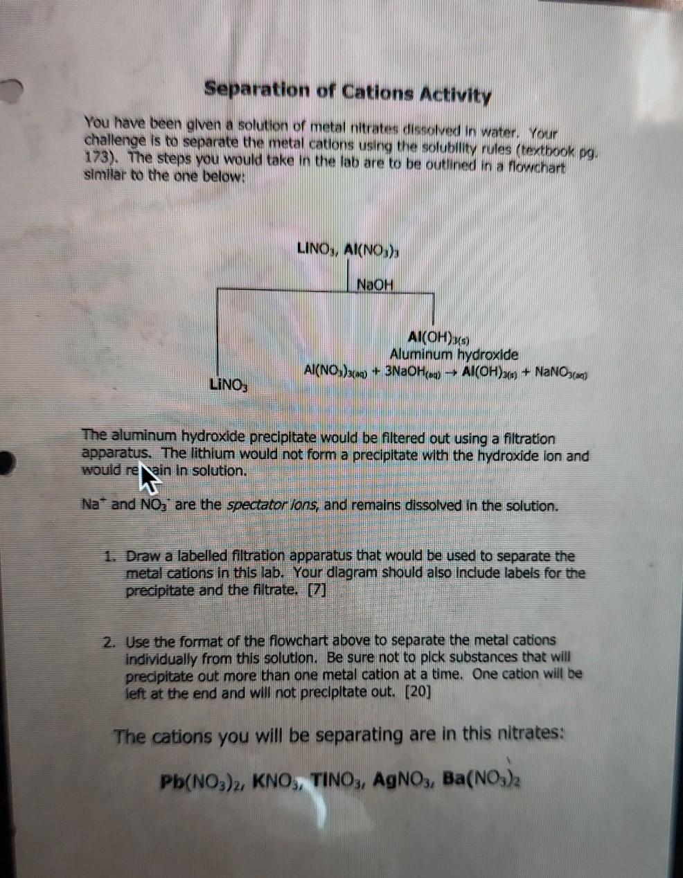 Solved Separation of Cations Activity You have been given a | Chegg.com