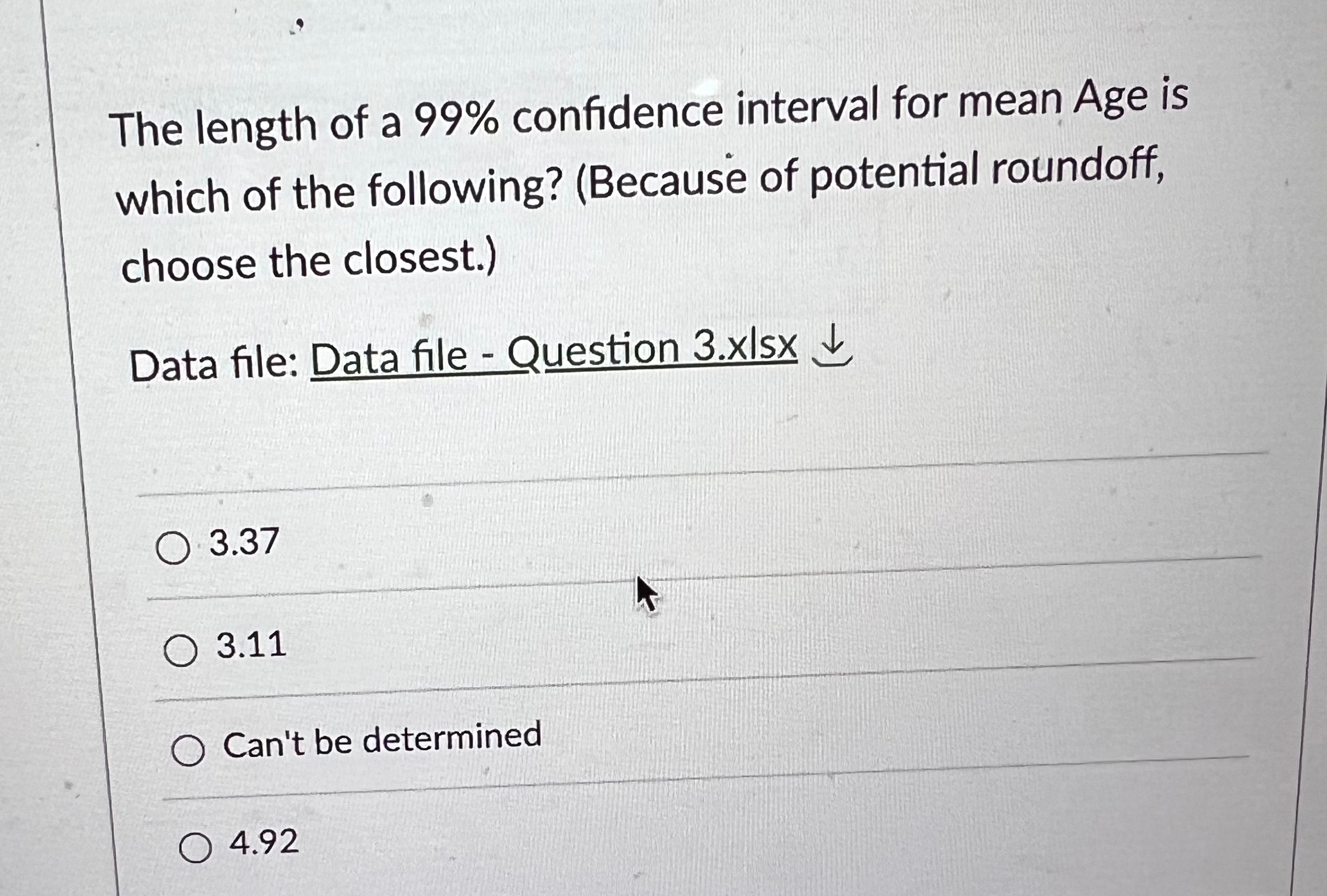 Solved The length of a 99% ﻿confidence interval for mean Age | Chegg.com