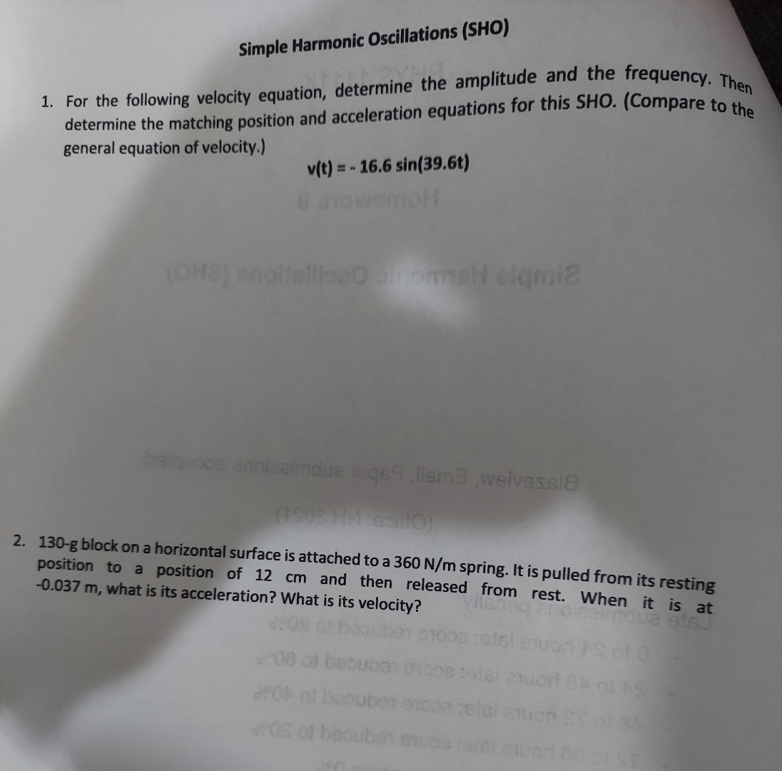 Solved Simple Harmonic Oscillations (SHO)For the following | Chegg.com