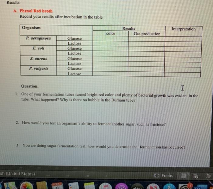 Solved Results: A. Phenol Red broth Record your results | Chegg.com