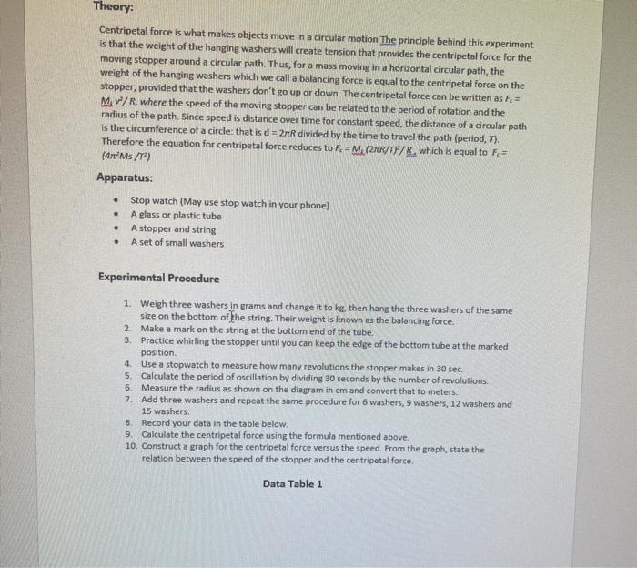 Solved Theory: Centripetal force is what makes objects move | Chegg.com