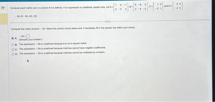 Solved −3 A, B=3 A,AC,CD Compute the matrix product - 3A. | Chegg.com