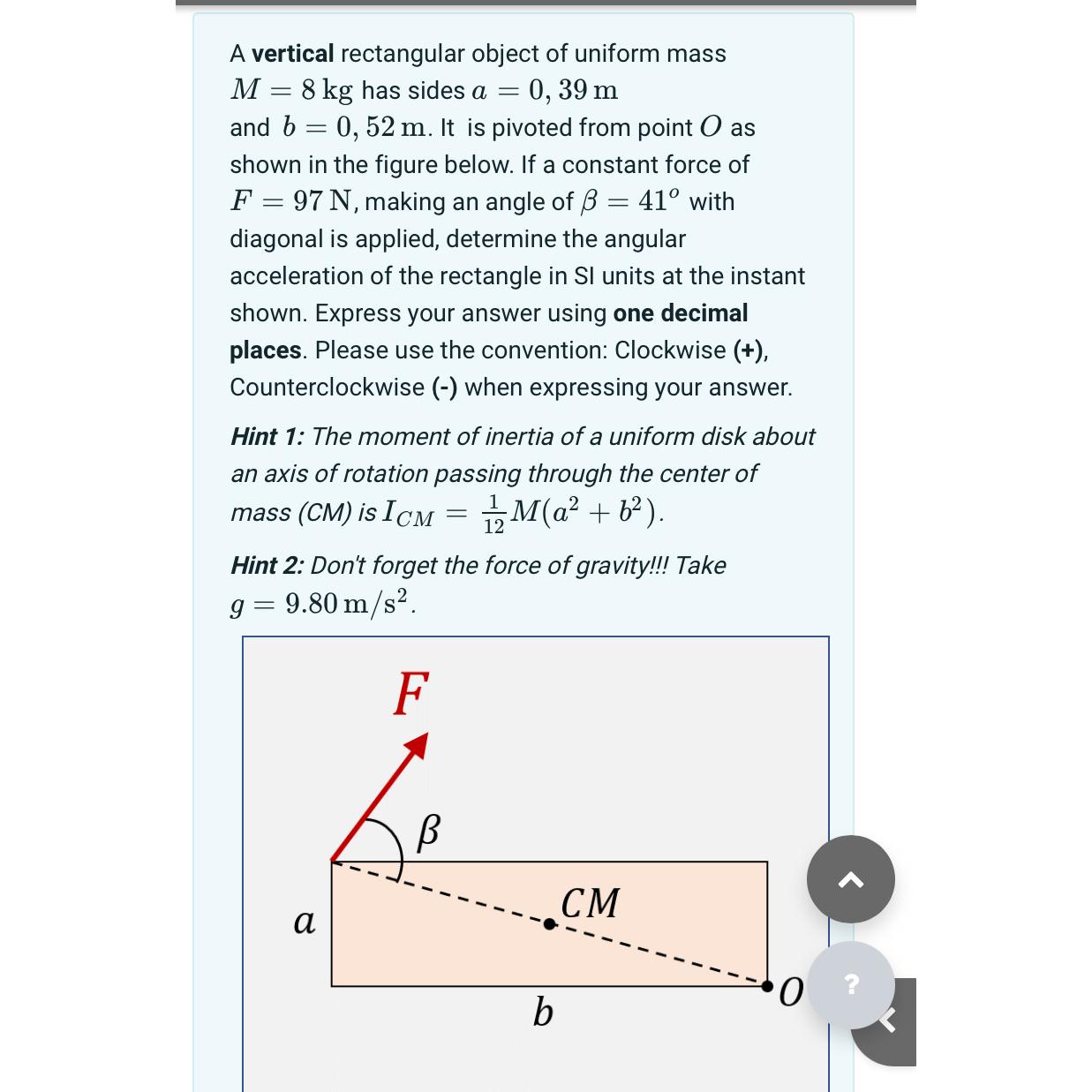 Solved A vertical rectangular object of uniform mass M=8kg | Chegg.com