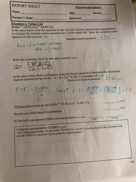 REPORT SHEET Name Electrochemistry Date Section | Chegg.com