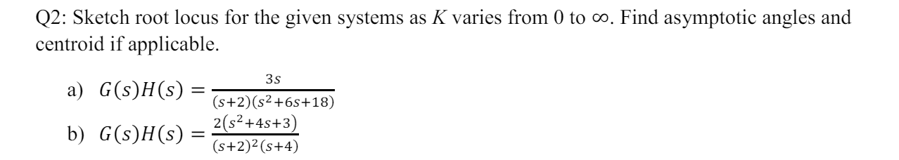 Solved Q2: Sketch root locus for the given systems as K | Chegg.com