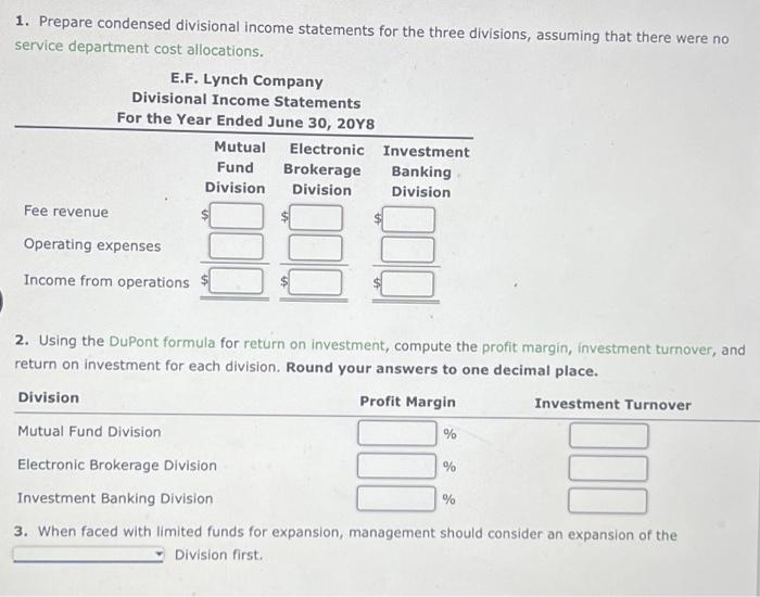 Solved Divisional Income Statements and Return on Investment | Chegg.com