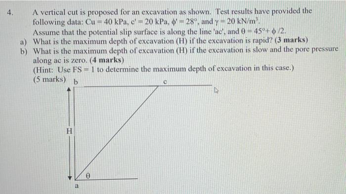 Solved 4. - A vertical cut is proposed for an excavation as | Chegg.com