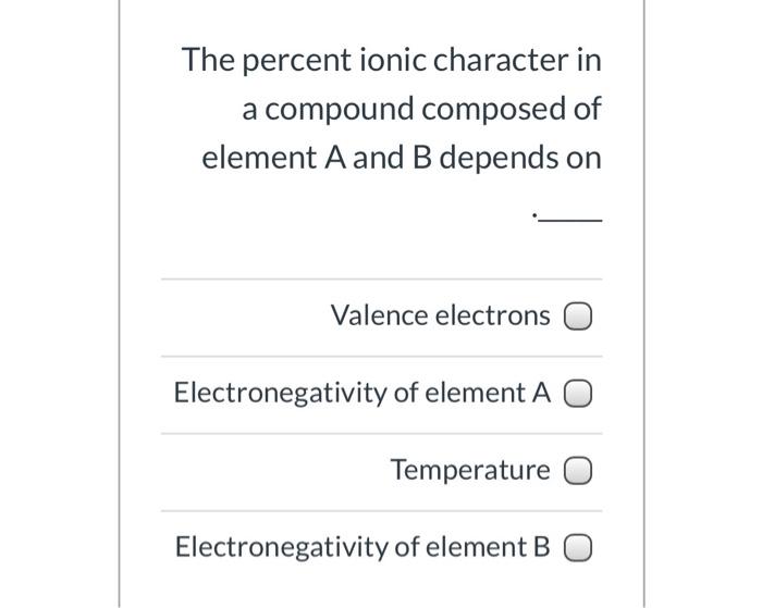 Solved The percent ionic character in a compound composed of | Chegg.com