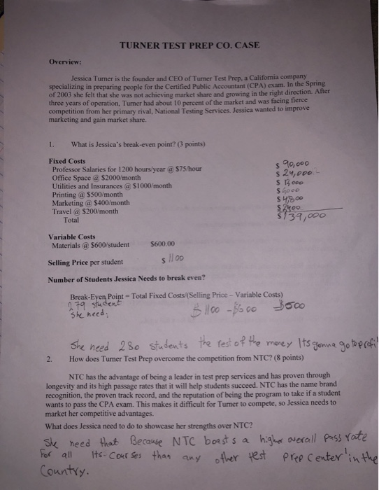 Solved TURNER TEST PREP CO. CASE Overview: Jessica Turner is | Chegg.com