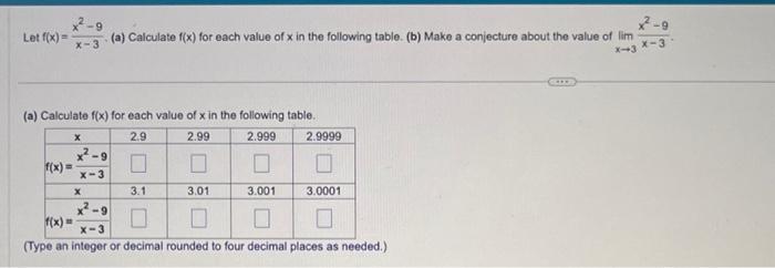 Solved Letf(x)=x−3x2−9 (a) Calculate f(x) for each value of | Chegg.com