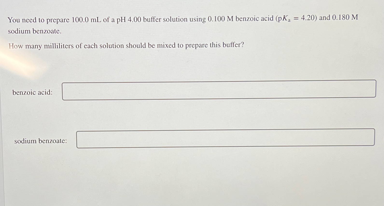 Solved You need to prepare 100.0mL ﻿of a pH 4.00 ﻿buffer | Chegg.com
