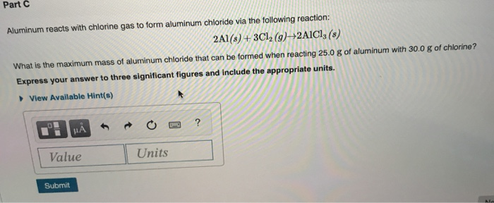 Solved Aluminum reacts with chlorine gas to form aluminum | Chegg.com