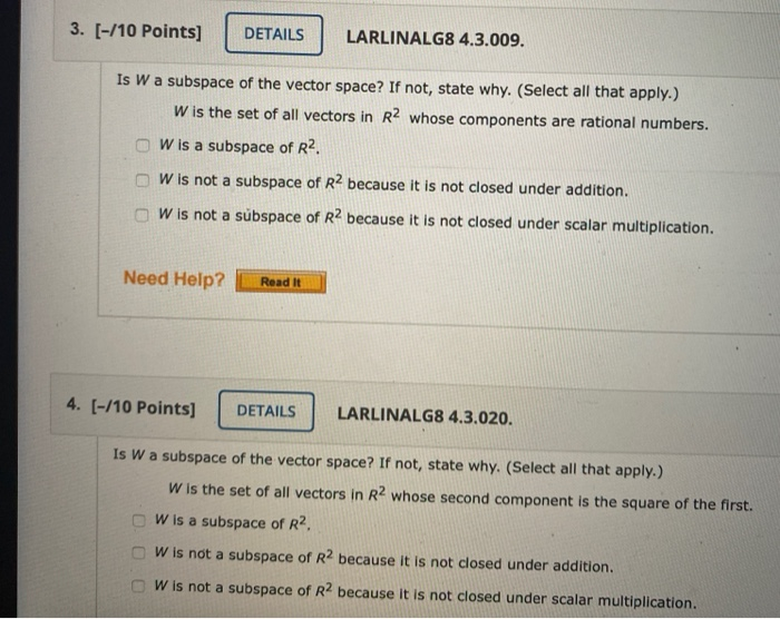 Solved 3. [-/10 Points) DETAILS LARLINALG8 4.3.009. Is W a | Chegg.com Solved 3. [-/10 Points) DETAILS LARLINALG8 4.3.009. Is W a | Chegg.com