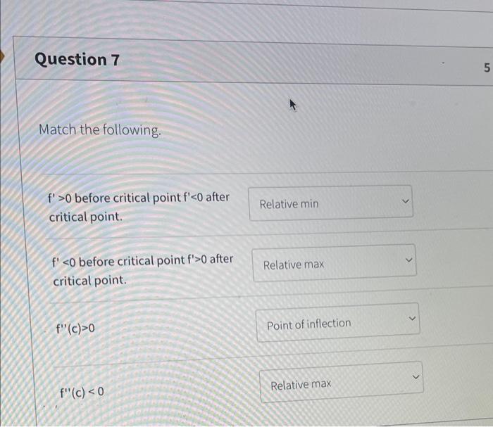 Solved Match the following. f′>0 before critical point f′